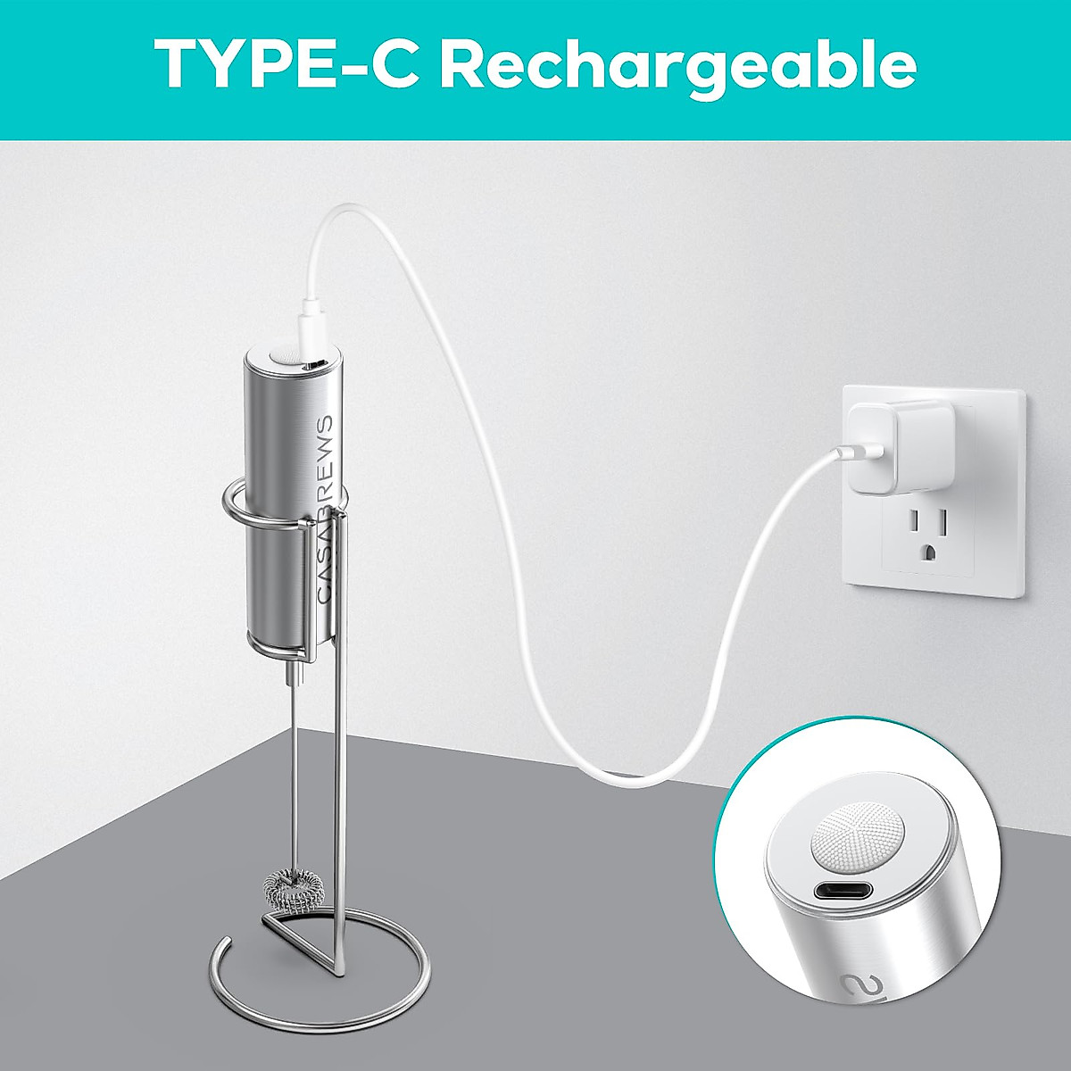 CASABREWS Milk Frother Wand, Handheld Stainless Steel Coffee Frother, Powerful Drink Mixer with Stand, Rechargeable Electric Whisk with 3 Speeds for Lattes, Cappuccinos, Matcha, and Hot Chocolate