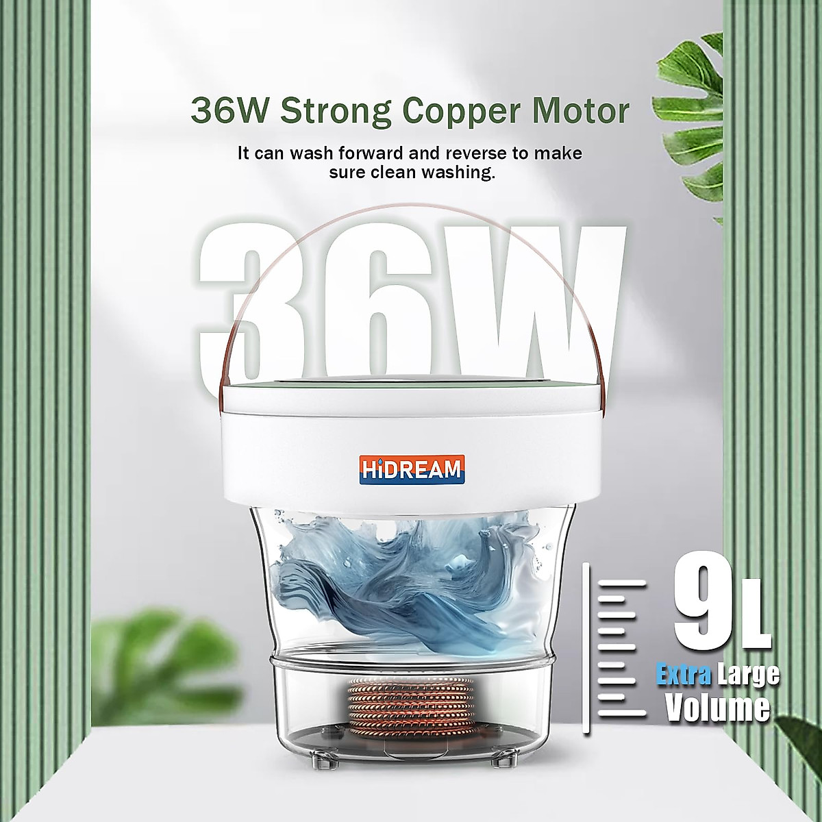 Portable Mini Washing Machine, 9 Litre Large Capacity Mini Washer for Underwear, Foldable Washing Machine with Upgraded Capacity and Round Body for Baby Clothes,Pet Garments or Other Small Items.Green