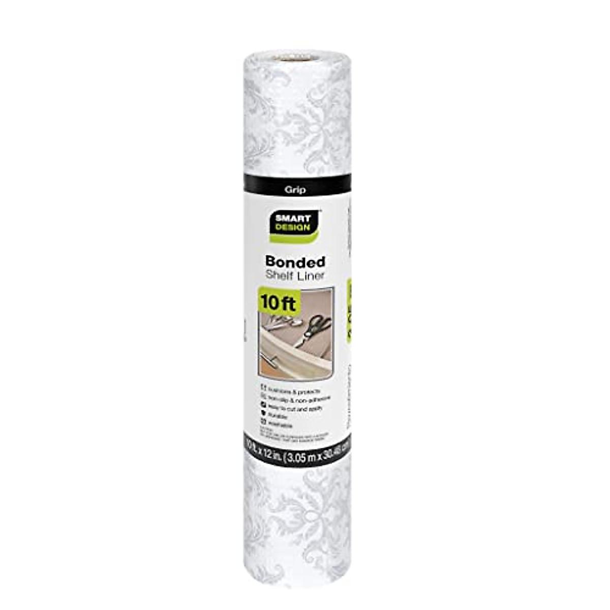 Smart Design Bonded Grip Shelf Liner - 12 Inch x 60 Feet Total (Set of 6 Rolls) - Non Adhesive, Strong Grip Bottom, Easy Clean Kitchen Drawer, Cabinet, Cupboard Dresser Cover - Fleur Gris