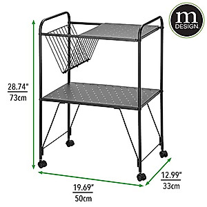 mDesign Steel 2-Tier Rolling Utility Cart with Wire Storage Basket, Metal Frame Stand with Fully Rotating Wheels for Kitchen, Living Room, Office, Garage, Laundry Room, or Bedroom - Matte Black
