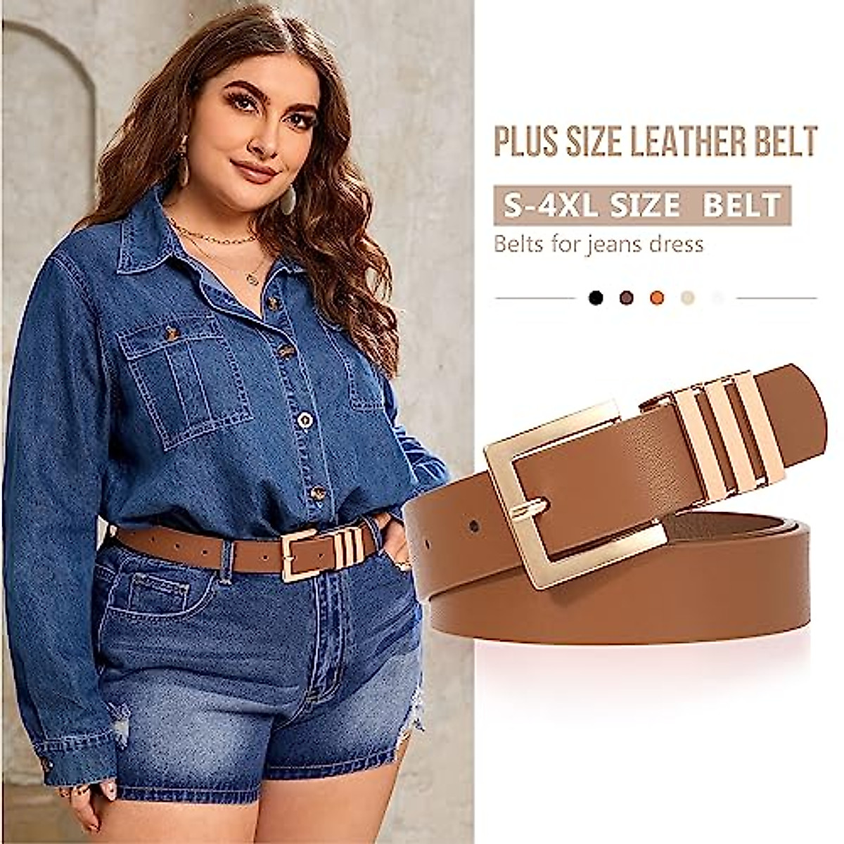 XZQTIVE Plus Size Women's Leather Belts for Jeans Pants Dress Fashion Ladies Waist Belt with Square Gold Buckle,brown