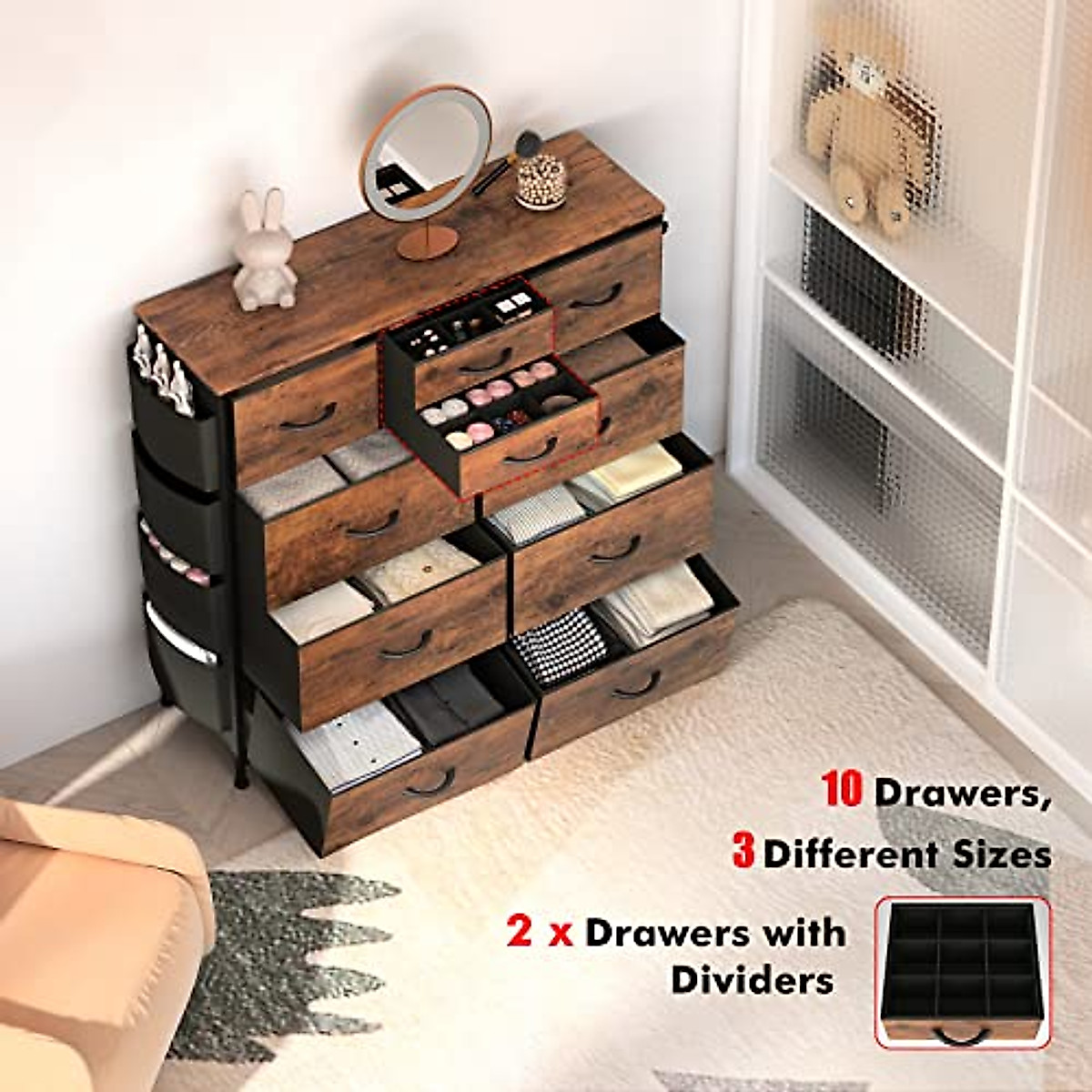 Lulive 10 Drawer Dresser, Chest of Drawers for Bedroom with Side Pockets and Hooks, Fabric Storage Dresser, Sturdy Steel Frame, Wood Top, Organizer Unit for Nursery, Hallway, Closet
