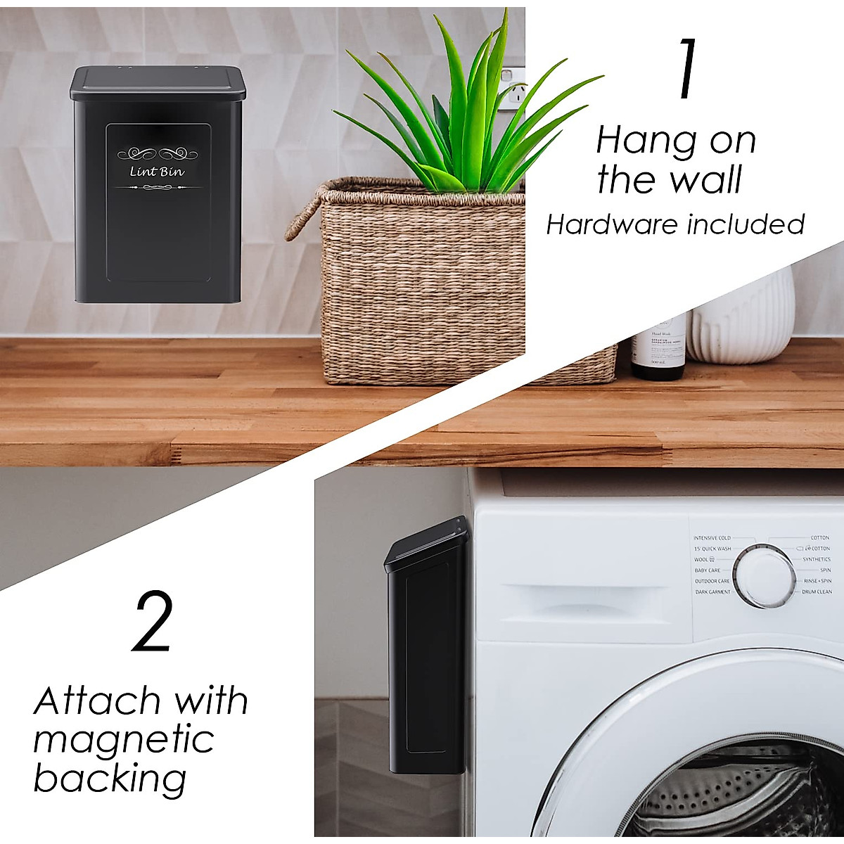 ELITAPRO Lint Holder Bin for Laundry Room - Farmhouse Magnetic Lint Bin with Lid - Wall Mounted Laundry Trash Can for Dryer, Washer - Laundry Room Organization and Storage - Hanging Lint Box (Black)