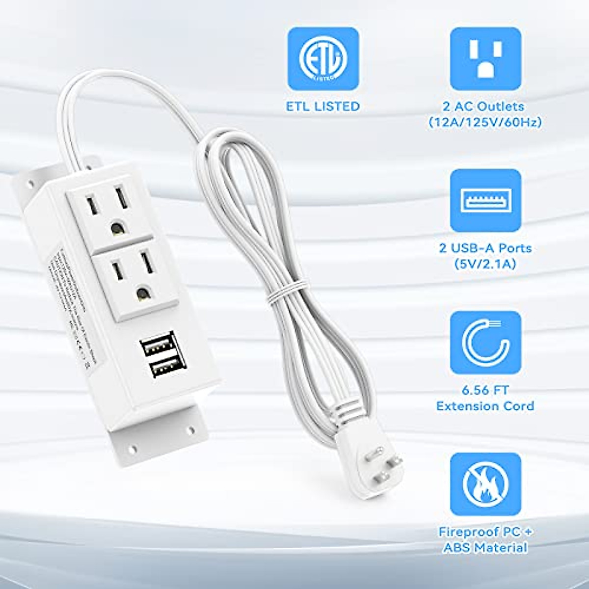 Kungfuking Power Strip with USB, Wall Mountable Socket Surge Protector Power Strip with 2 AC Outlets and 2 USB Charging Ports White Extension Cord 6.56 FT, Flat Plug