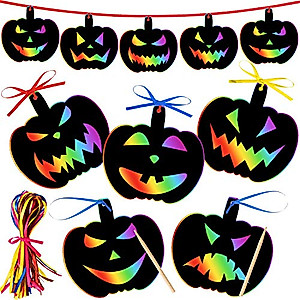 Outus 48 Pieces Halloween Scratch Paper Halloween Ornaments Craft Colorful Scratch Craft Art Rainbow Halloween Decor with 12 Wooden Sticks and 48 Colorful Ribbons for Kids Church Classroom (Pumpkin)