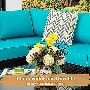 Walsunny 5 Pieces Outdoor Patio Furniture Set, All-Weather Rattan Patio Sectional Sofa Wicker Conversation Set with Glass Table and Cushions(Blue)