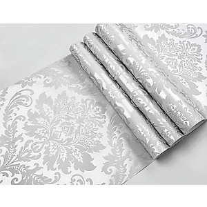 yaretzy Peel and Stick Wallpaper 3D Silver Grey Floral Modern Damask Removable Wallpaper Bedroom Embossed Sticky Self Adhesive Wallpaper 20.8inch x 118inch