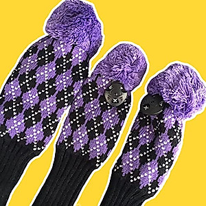3pcs Knit Golf Club Head Covers,Golf Driver 3 5 Fairway Woods Covers, Pom Pom Golf Wood Headcovers Covers for Driver, 3 5 Woods - Purple