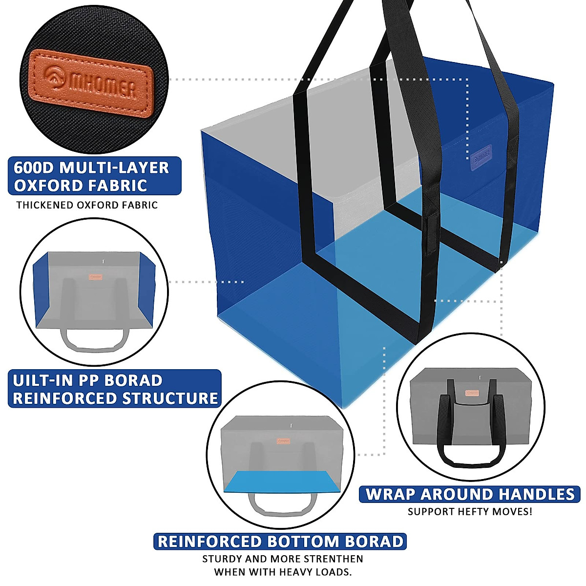 MHOMER Reusable Grocery Bags Extra Waterproof Large Utility Tote Bag with Carrying Handles Foldable Shopping Bags for Storage Space Saving Reinforced Bottom Durable Oxford Fabric Blue