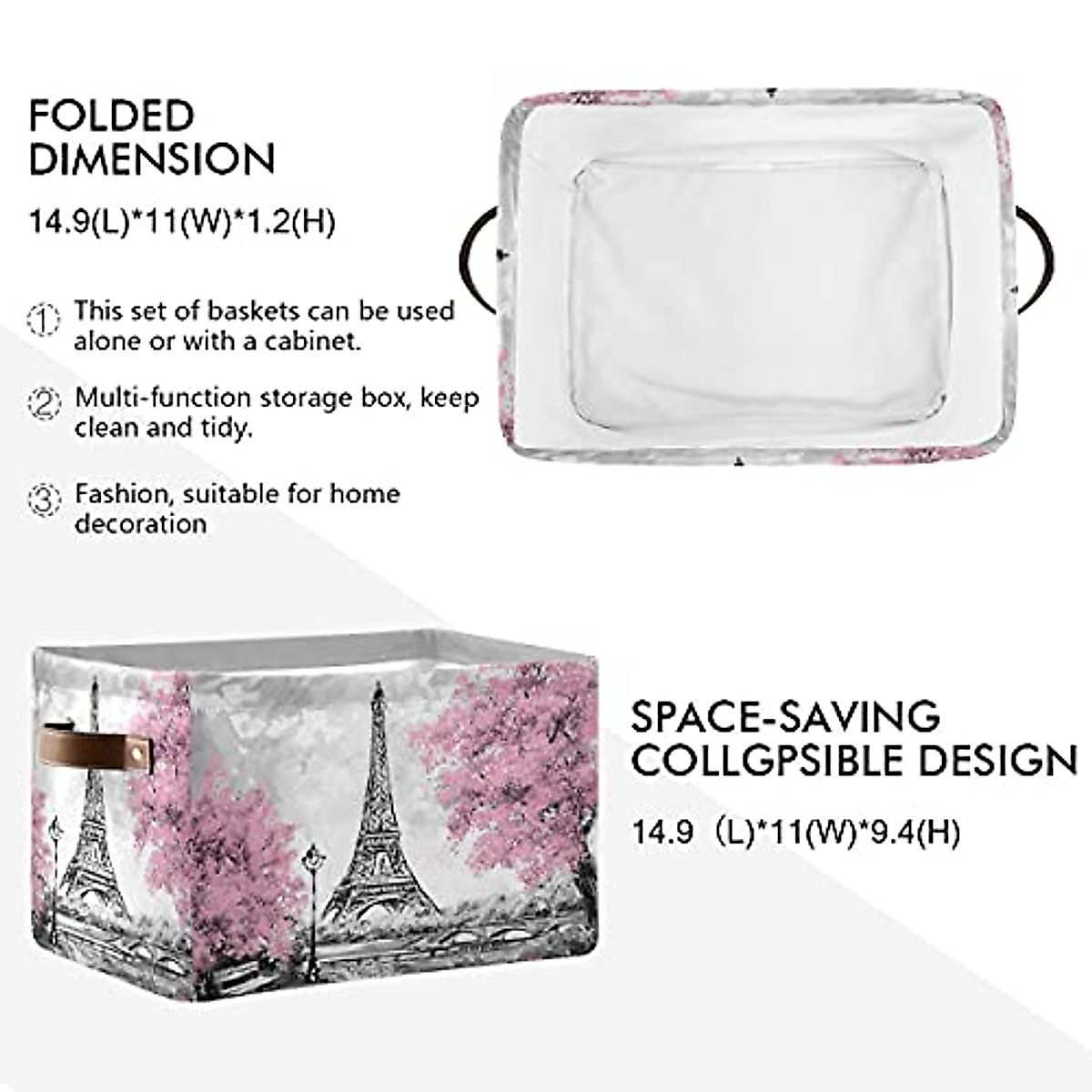 Storage Basket French Paris Eiffel Tower Street Pattern 2 Pc Canvas Large Collapsible Organizer Toy Clothes Storage Bins Boxes Cubes with Handles for Shelf Closet Bedroom Nursery Home Office