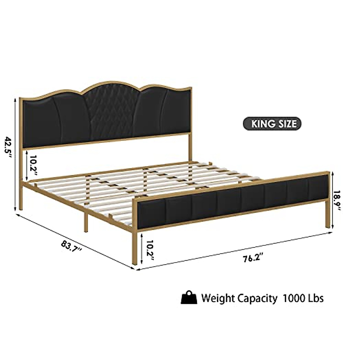 HITHOS King Size Bed Frame, Modern Upholstered PU Bed Frame with Tufted Headboard, Heavy Duty Platform Bed with Wood Slat Support, Noise Free, No Box Spring Needed (Black, King)