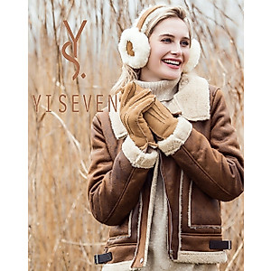 YISEVEN Women's Merino Rugged Sheepskin Shearling Leather Gloves Mittens Sherpa Fur Cuff Thick Wool Lined and Heated Warm for Winter Cold Weather Dress Driving Work New Year Gifts, Camel Medium