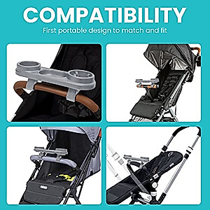 Universal Stroller Snack Tray - with Cup Holders - Upgraded Stroller Bar Attachment; Dual Non-Slip Grip Clip, Gray/Black (Gray)
