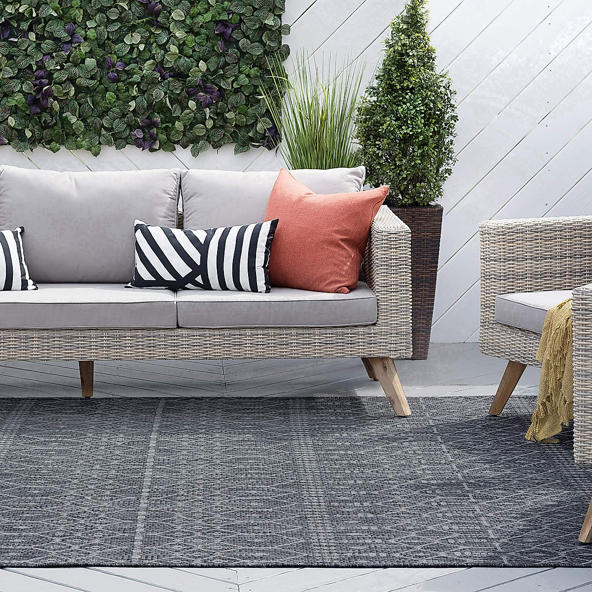 Charcoal Jute Large Water Resistant Indoor Outdoor Rug 8x10 for Entryway Patio Deck Garden Outside Porch Hallway Entry Way Living Room Bedroom Carpet Alfombras para Exteriores