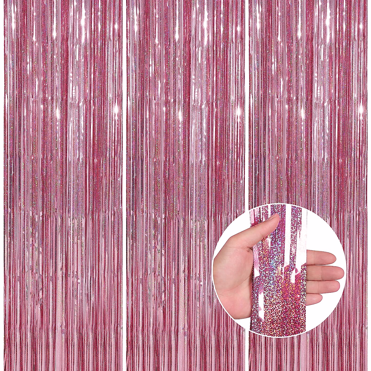 Crosize 3 Pack 3.3 x 9.9 ft Pink Foil Fringe Backdrop Curtain, Streamer Backdrop Curtains, Birthday Party Decorations, Pink Tinsel Curtain for Parties, Galentines Decor, Preppy, Baby Shower
