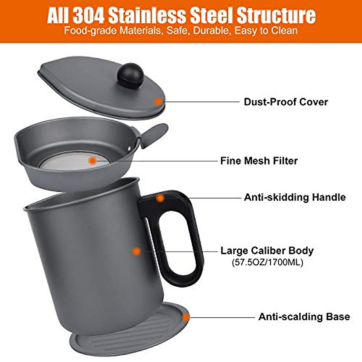 Bacon Grease Container with Strainer 1.7L Used Cooking Oil Container Deep Kitchen Fat Filter Pot Grease Keeper Stainless Steel Large Frying Oil Disposal/Storage Can