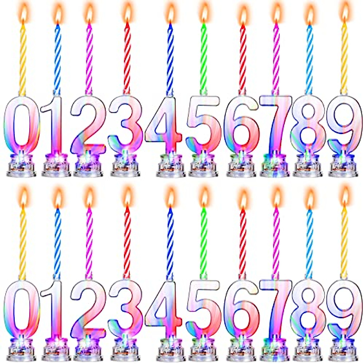 20 Pieces Birthday Number Candle Flashing Multicolor Light up Cake Candle Set LED Number Birthday Cake Topper Candle with 80 Pieces Wax Candles for Birthday Anniversary Celebration