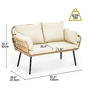 DWVO Wicker Patio Loveseat, All-Weather Rattan 2-Seat Sofa with Cushions & Lumbar Pillows, Outdoor Patio Furniture Set for Patio, Balcony, Backyard, Deck, Poolside (Beige)