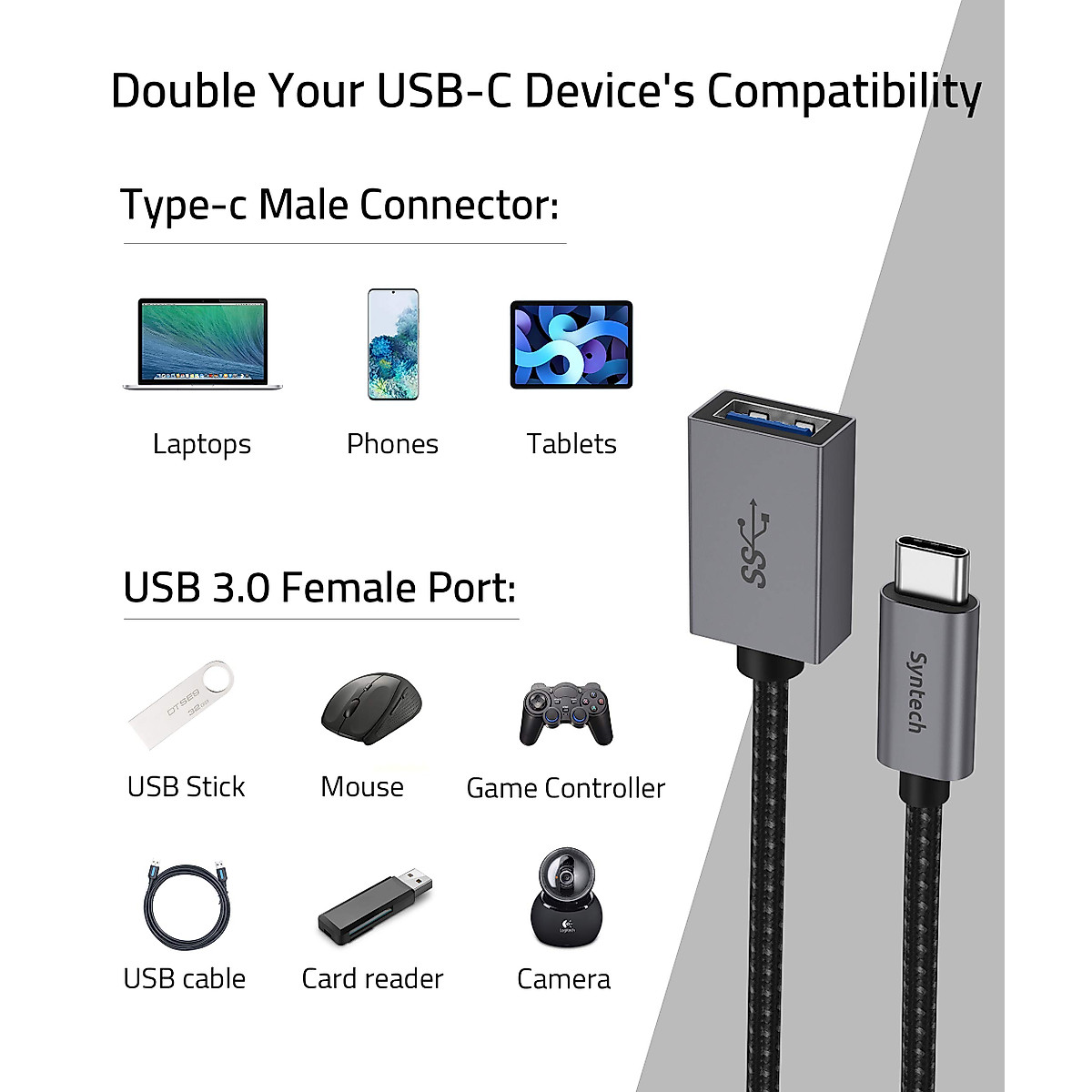 Syntech USB C to USB Adapter, 2 Pack USB C to USB3 Adapter,Thunderbolt 3 to USB Female Adapter OTG Cable Compatible with iPhone 16/15 Pro Max, iPad Air 2020, MacBook Pro, Air and More Space Gray