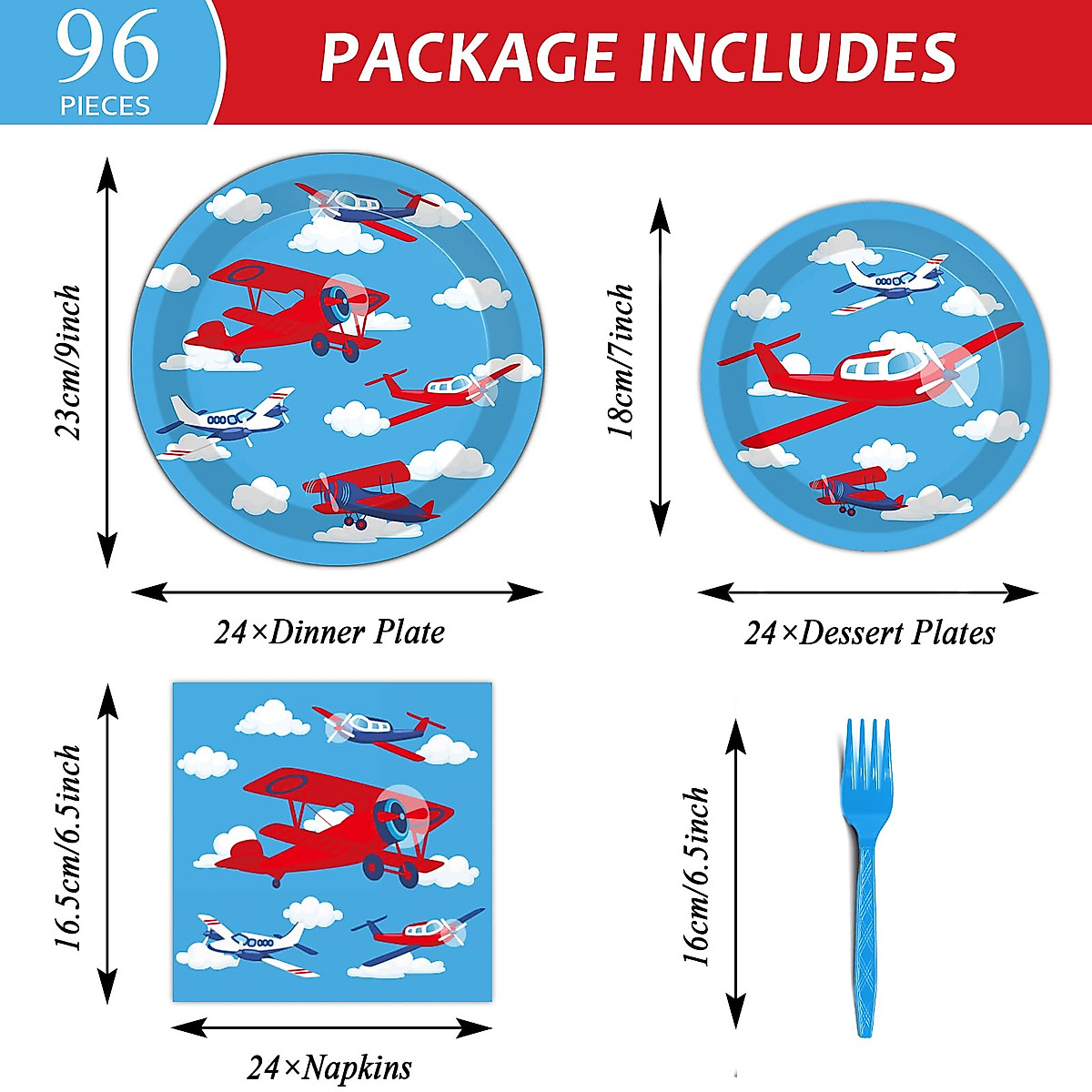 98 pieces Airplane Birthday Party Decorations Supplies Airplane Party Plates and Napkins Plane Theme Paper Tableware Set Tablecloth Baby Shower for 24 Guests 1st Birthday Helicopter Favors for Kids