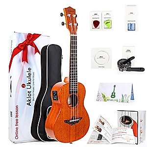 Electric Concert Ukulele, AKLOT Ukelele 23 Inch Solid Mahogany with Equalizer Uke for Professional Player with Beginner Kit (Gig Bag, Picks, Strap, String, Cleaning Cloth, Starter Manual)