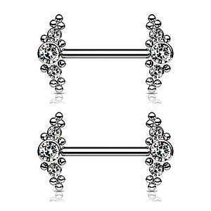 Dynamique Implant Grade Titanium Nipple Barbells With Bezel Set CZ and Micro Ball Cluster Internally Threaded Ends (Sold Per Pair Or Per Piece)