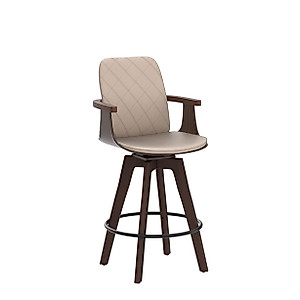 WUPOTO Bar Stools Set of 2, Upholstered Faux Leather Counter Height Bar Stools, Swivel Barstools with Wooden Arms and Legs (Beige, 30" Seat Height)