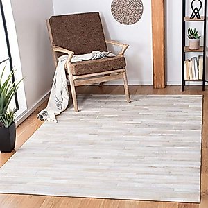 SAFAVIEH Studio Leather Collection 5' x 8' Ivory / Light Grey STL804A Handmade Mid-Century Modern Leather Area Rug