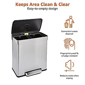 Amazon Basics Rectangular Recycling Trash Can with 2 Compartments - 60 Liter