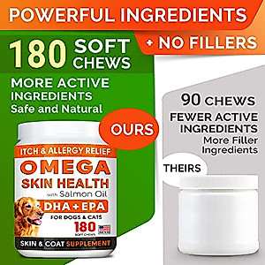 Fish Oil Omega 3 Treats for Dogs - Allergy and Itch Relief - Skin and Coat Supplement - Joint Health - Wild Alaskan Salmon Oil - Shedding, Itchy Skin Relief - Omega 3 6 9 - EPA & DHA - 180 Treats