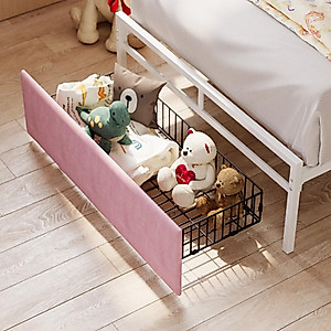LIKIMIO Twin Size Bed Frame with Armrests Headboard & RGB Light, Upholstered Twin Size Bed Platform with Drawers, No Box Spring Needed, Study & No Noise, Modern Pink