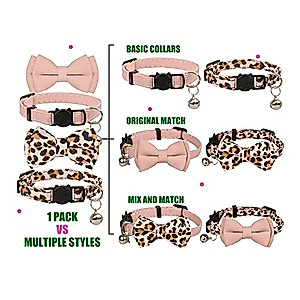 Gyapet Collar for Cats Pets Breakaway with Bell Bowtie Floral Bow Detachable Adjustable Safety Puppy 2pcs Pink Leopard & Pure