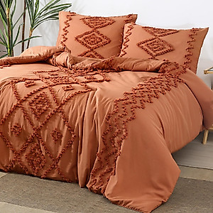 URBONUR Terracotta Duvet Cover Set King Size Burnt Orange, 3PCS Textured Tufted Bedding Set, Geometric Diamond Pattern, Ultra Soft Microfiber Duvet Cover with Zipper Closure, (Rust, King)
