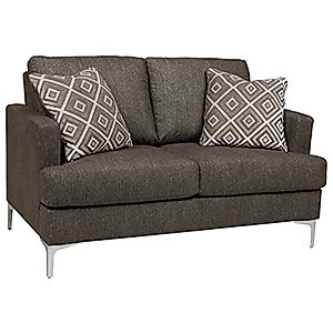 Signature Design by Ashley Arcola Modern Loveseat with Chrome Legs & Accent Pillows, Dark Gray