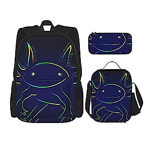 Stylized Rainbow Axolotl Backpack Set for Boys and Girls(School Bag + Pencil Case + Lunchbag Combination) One Size