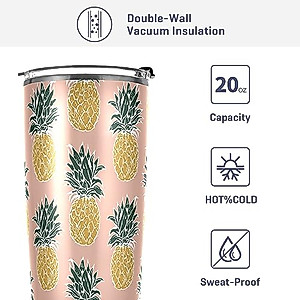 Jihqo Summer Pineapple Pattern Tumbler with Lid and Straw, Insulated Stainless Steel Tumbler Cup, Double Walled Travel Coffee Mug Thermal Vacuum Cups for Hot & Cold Drinks 12oz