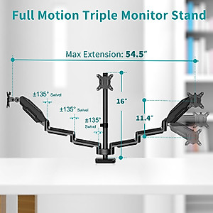 MOUNT PRO Triple Monitor Desk Mount - Articulating Gas Spring Monitor Arm, Removable with Clamp and Grommet Base - Fits 13 to 27 Inch LCD Computer Monitors, VESA 75x75, 100x100