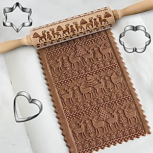 4Pack Christmas Wooden 3D Rolling Pins Embossed, Embossing Rolling Pin with Engraved Christmas Themed Symbols for Baking Embossed Cookies,Rolling Pin Kitchen Tool(14 in)