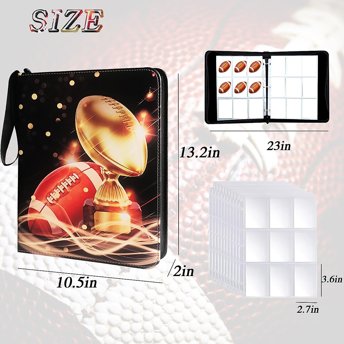 Trading Card Binder 900 Pockets, Football Card Binder Holder with 50 Removable Sleeves Fits 900 Sport Cards, Football Card Gifts Collector Album with Zipper Storage Display Case
