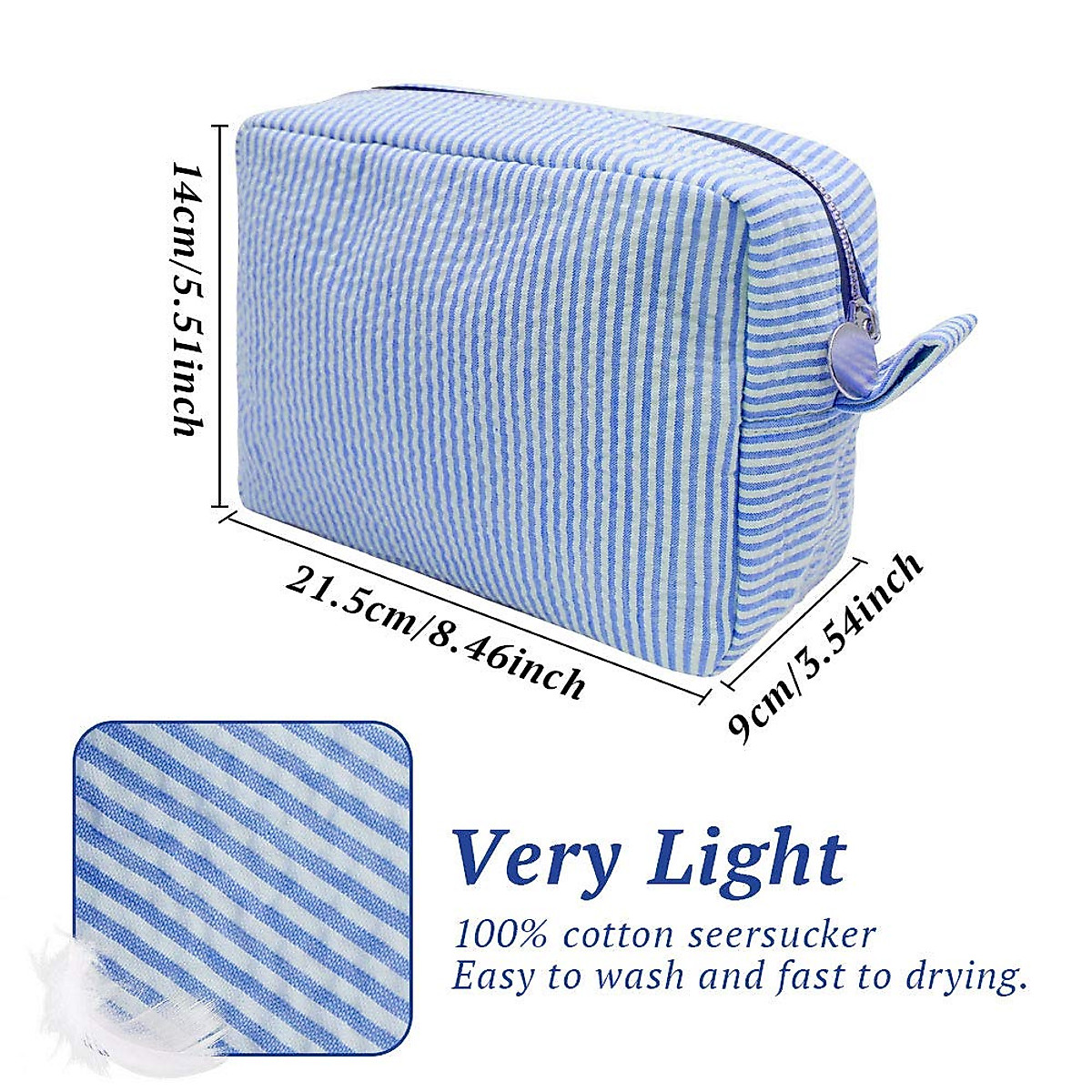 Seersucker Cosmetic Bag, Large Makeup Pouch Travel Toiletry Case with Zipper Closure Seersucker Cosmetic Organizer for Women Girls