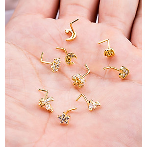 Masedy 9Pcs 20G Stainless Steel Nose Rings L Shaped Nose Studs Flower Screw Nose Rings for Women Men Nose Piercing Set LG