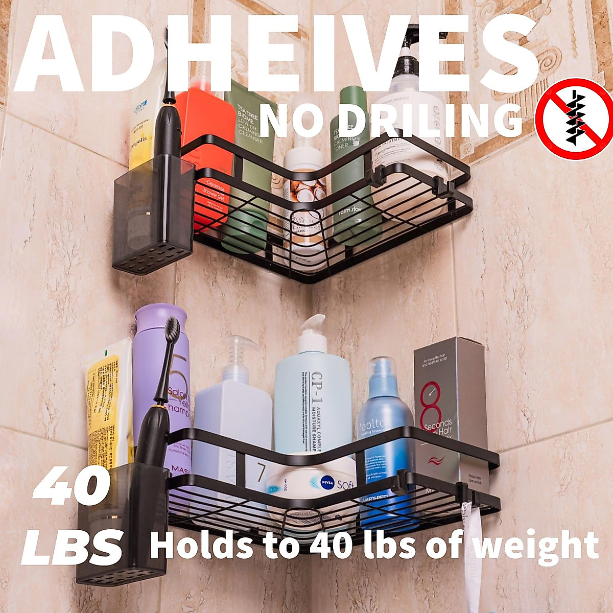 Generic Corner Shower Caddy, 2 Pack Adhesive Shower Corner Organizer Shelves, No Drilling Stainless Steel Shower Storage Rack with Hooks&Toothpaste Holder for Bathroom, Dorm and Kitchen, Black