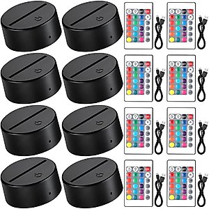Honoson 8 Pieces 3D Night LED Light Lamp Base LED Lights Display Base Lighted Base Stand 16 Colors with Remote Control and USB Cable Christmas Light Lamp Base for Acrylic for Restaurant Room Shop