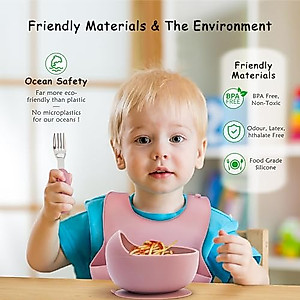 Baby Feeding Set, 13PCS Silicone Baby Self Feeding Set, Toddler Led Weaning Utensils Set with Suction Bowl and Plate, 3 Set of Baby Spoon and Fork, Adjustable Bid, Sippy Cup with Straw and 2 Lids