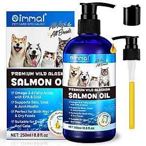 Salmon Oil for Dogs & Cats, Omega 3 Fish Oil for Dog's Skin and Coat, Natural EPA + DHA Fatty Acids for Joint Function, Immune & Heart Health, Wild Alaskan Salmon Oil 250ml for All Ages & All Breeds.