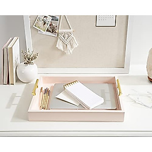 Kate and Laurel Lipton Decorative Tray with Polished Gold Metal Handles, Soft Pink