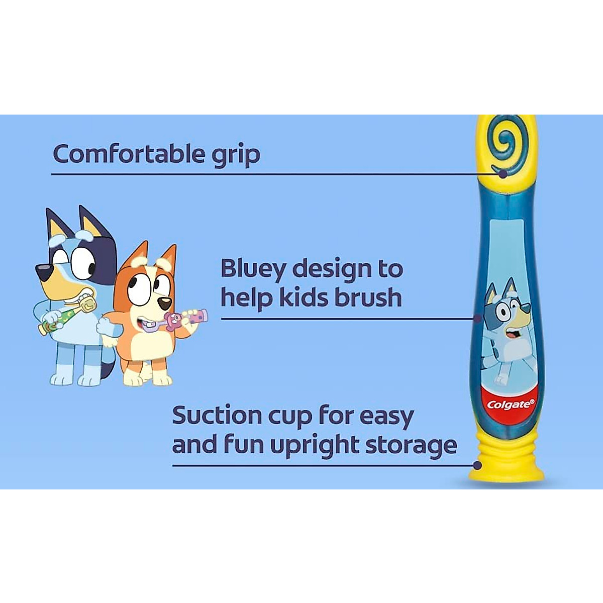 Colgate Bluey Toothbrush for Children with Suction Cup, Kids 2-5 Years Old, Extra Soft (Colors & Characters Very) - Pack of 6