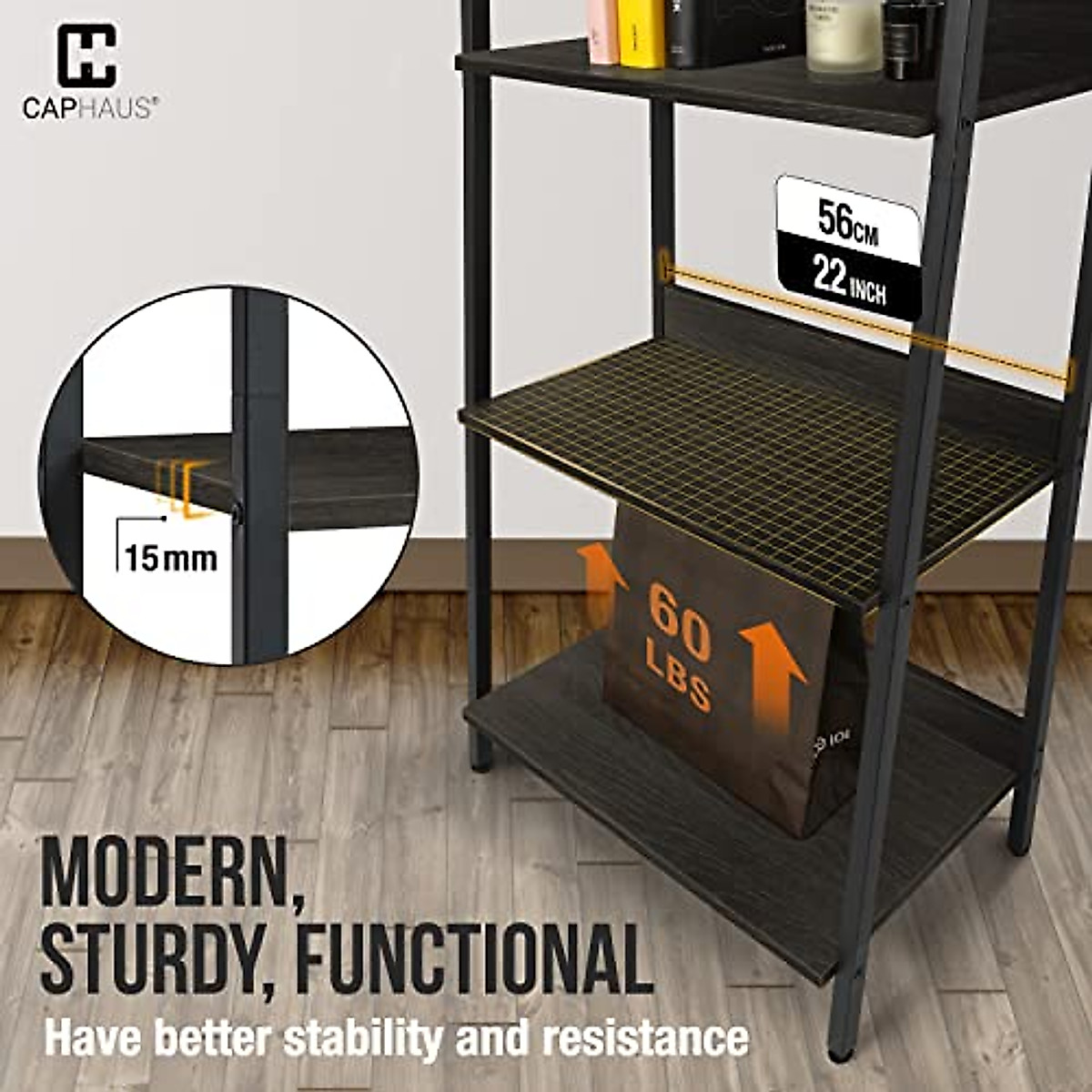 CAPHAUS 4 Tier Ladder Bookshelf, 24 Inch Width Free Standing Shelf, Bookcase Shelf Storage Rack Organizer, Industrial Book Shelves for Home Office, Living Room, Kitchen, Black Wooden Shelves