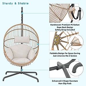 Patiorama Indoor Outdoor Egg Swing Chair with Stand, Oversized Cocoon-Shaped Rope Woven Hanging Chair, Cushion,Safety Strap,Patio Wicker Foldable Hammock Chair for Porch,Garden,Bedroom (Creamy White)