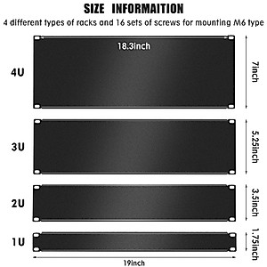 4 Pack 1U/2U/3U/4U Blank Panel 1U Blanking Panel Metal Disassembled Blank Panel Rack Mount Filler Panel for Server Rack Enclosure or Network Cabinet, Black, 4 Size